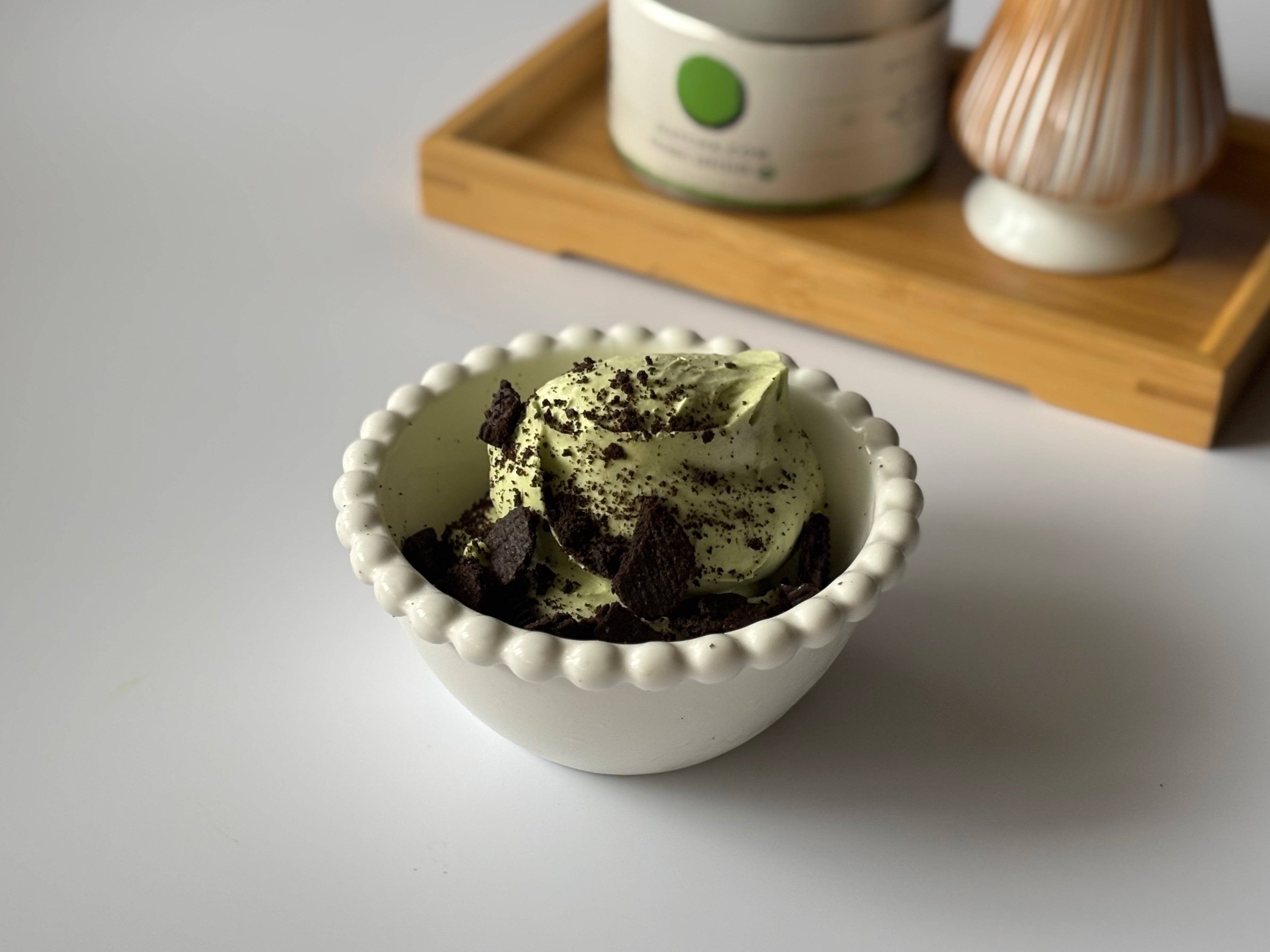 White Chocolate Matcha Mousse with Cookie Crumble
